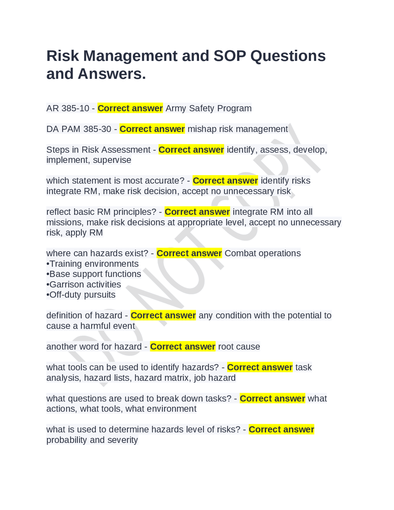 Risk Management and SOP Questions and Answers. | Exams Military ...