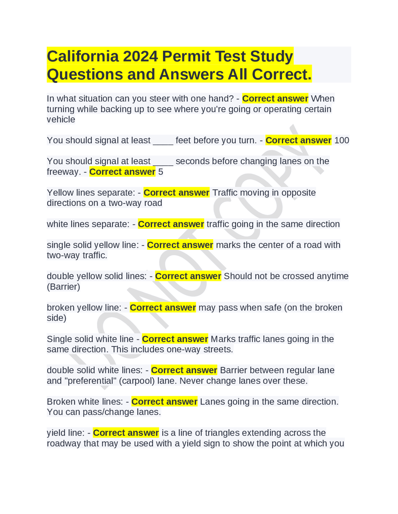 California 2024 Permit Test Study Guide | Exams Civil Law | Docsity