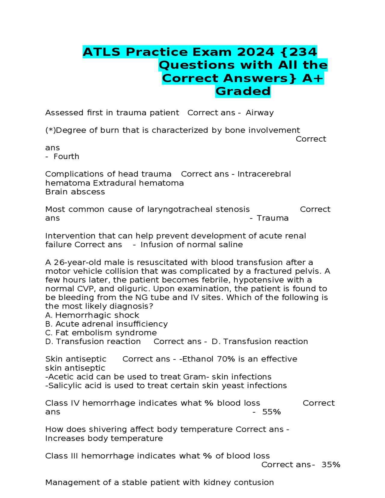 ATLS Practice Exam 2024 {234 Questions with All the Correct Answers} A+ ...