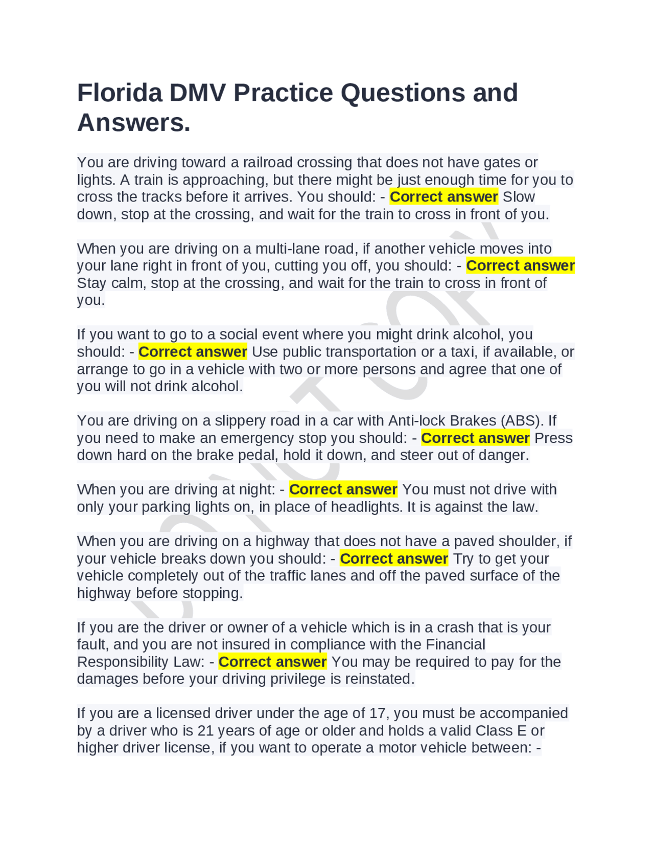 Florida DMV Practice Questions and Answers | Exams Civil Law | Docsity