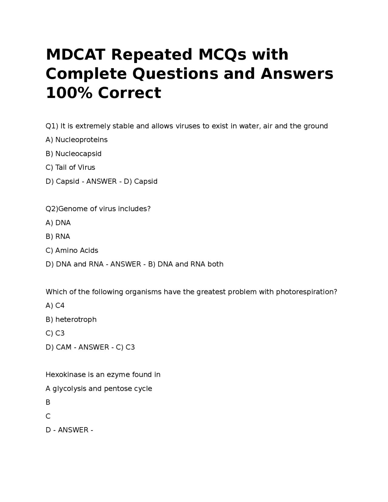 MDCAT Repeated MCQs with Complete Questions and Answers 100% Correct ...
