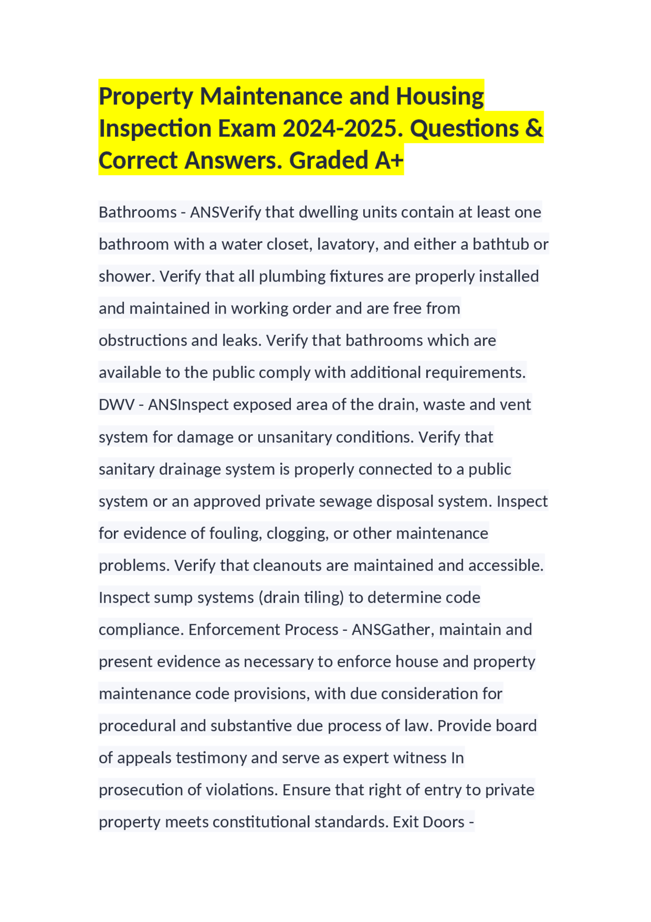 Property Maintenance and Housing Inspection Exam 2024-2025. Questions ...
