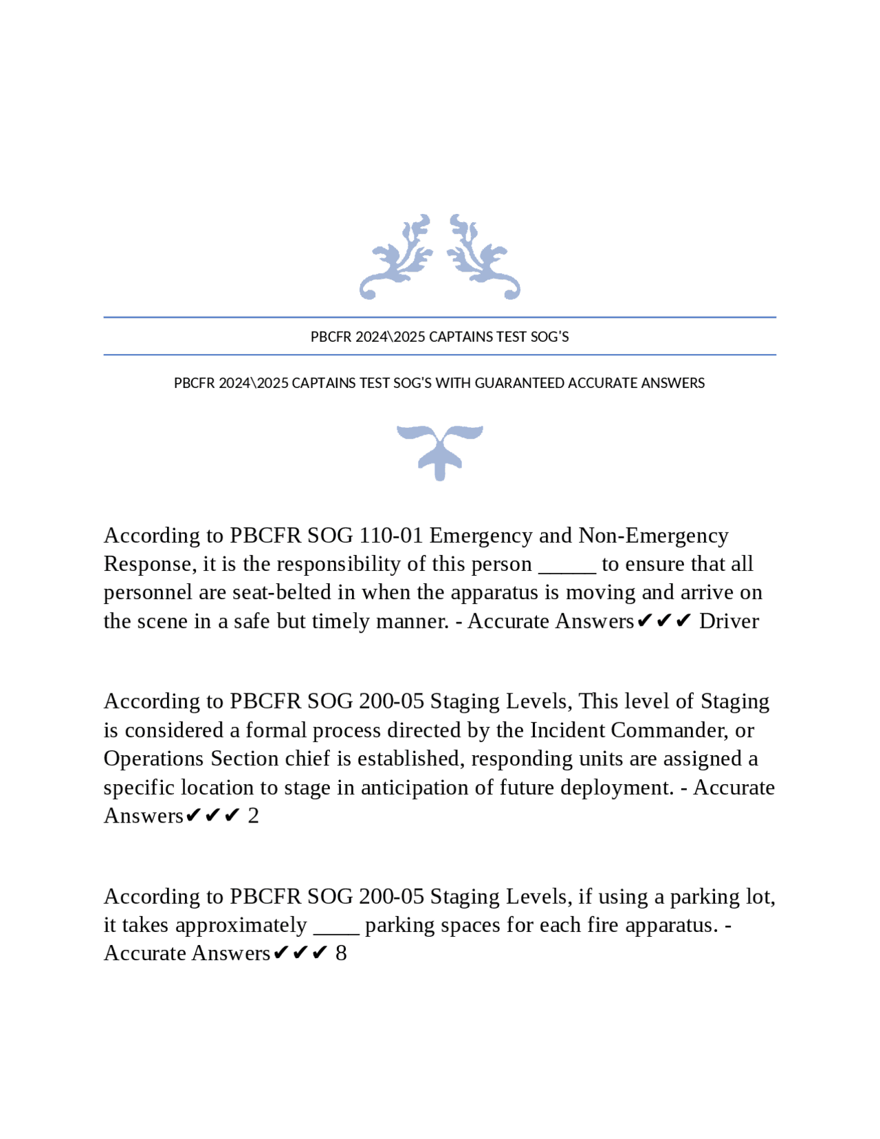Fire Department Standard Operating Guidelines | Exams Nursing | Docsity