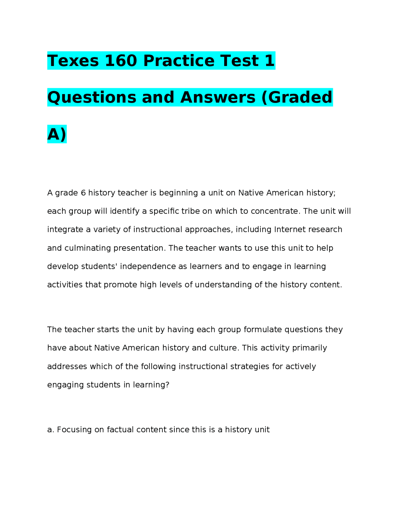 Texes 160 Practice Test 1 Questions and Answers (Graded A) | Exams ...