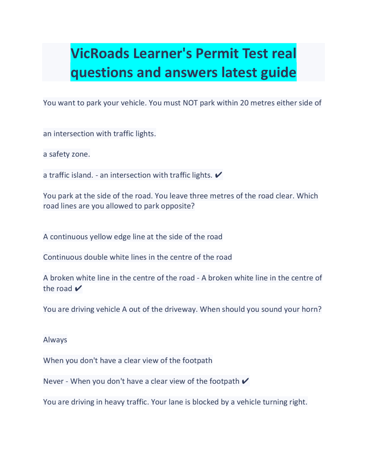 VicRoads Learner's Permit Test: Real Questions and Answers | Exams ...