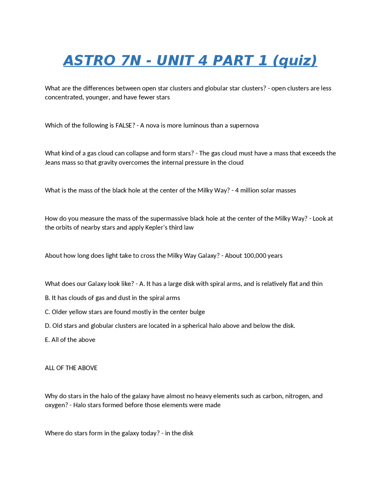 ASTRO 7N - UNIT 4 PART 1 (quiz) | Exams Advanced Education | Docsity