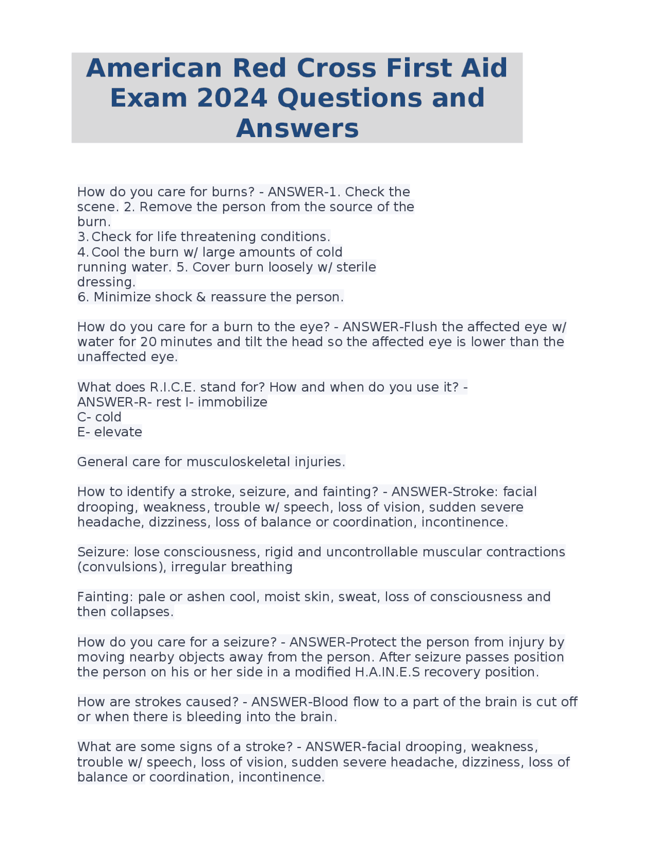 American Red Cross First Aid Exam 2024 Questions and Answers | Exams ...