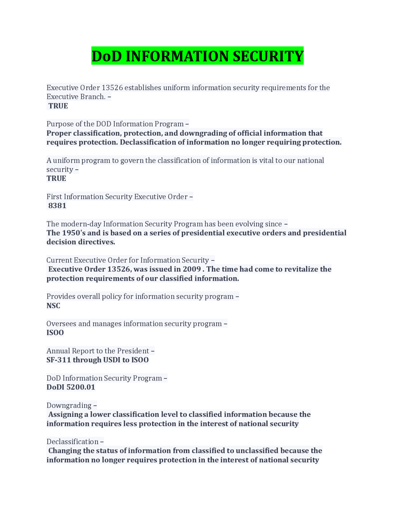 Dod Information Security Questions And Answers Exams Law Docsity