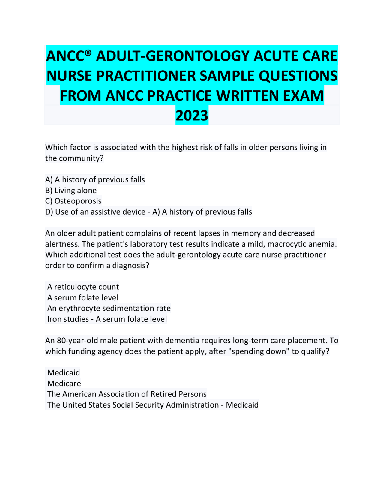 ANCC Adult-Gerontology Acute Care Nurse Practitioner Sample Questions ...