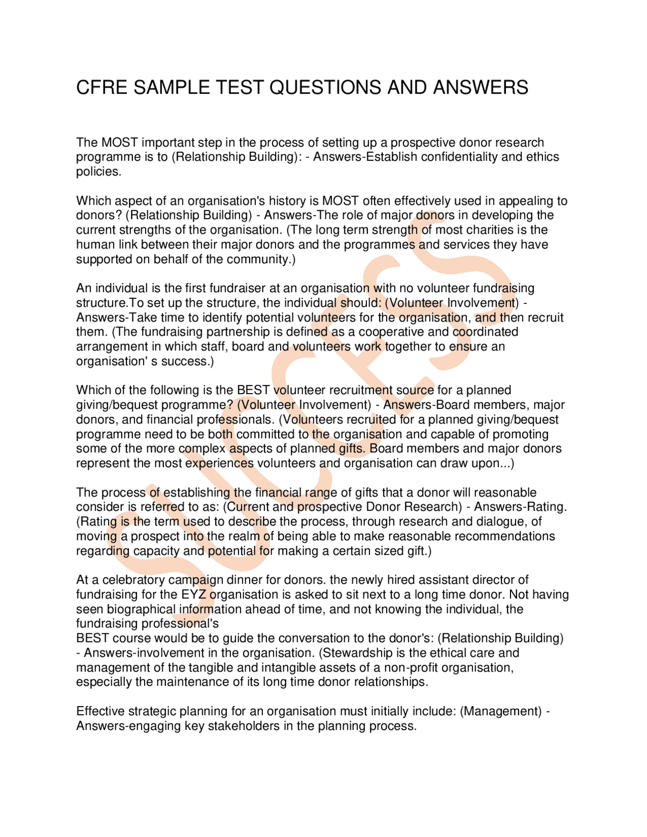 CFRE Sample Test Questions and Answers | Exams Social Sciences | Docsity