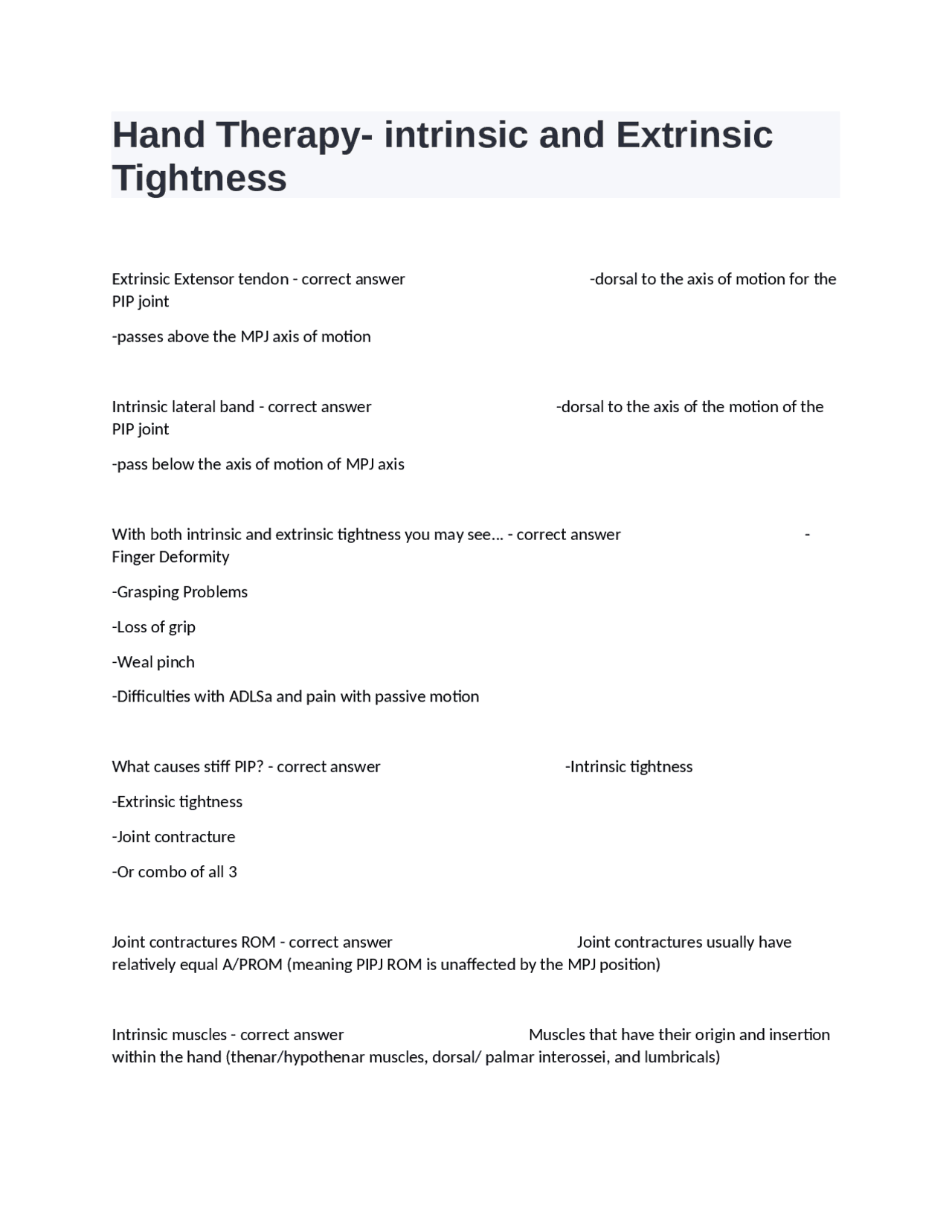 Hand Therapy: Intrinsic and Extrinsic Tightness | Exams Nursing | Docsity