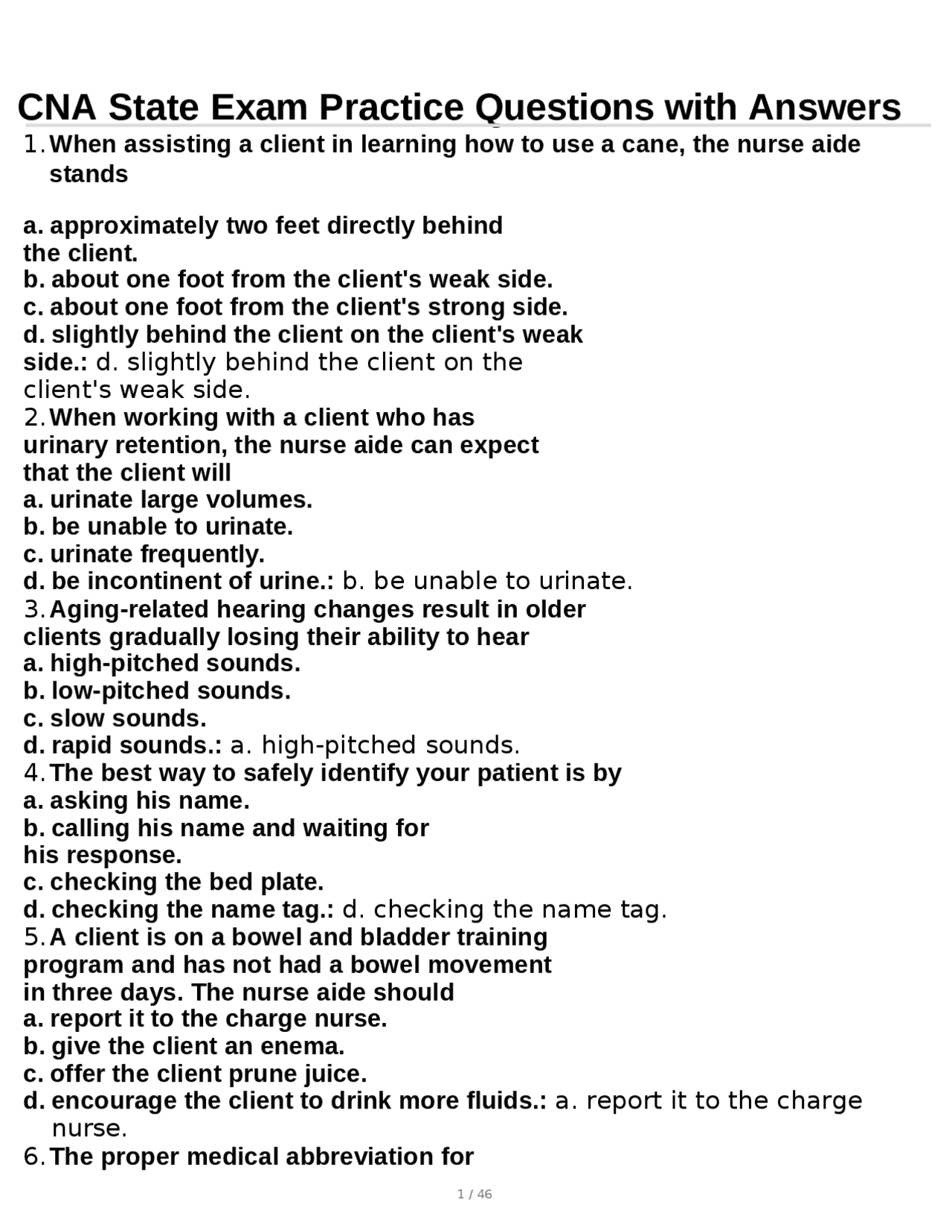 CNA State Exam Practice Questions with Answers | Exams Nursing | Docsity