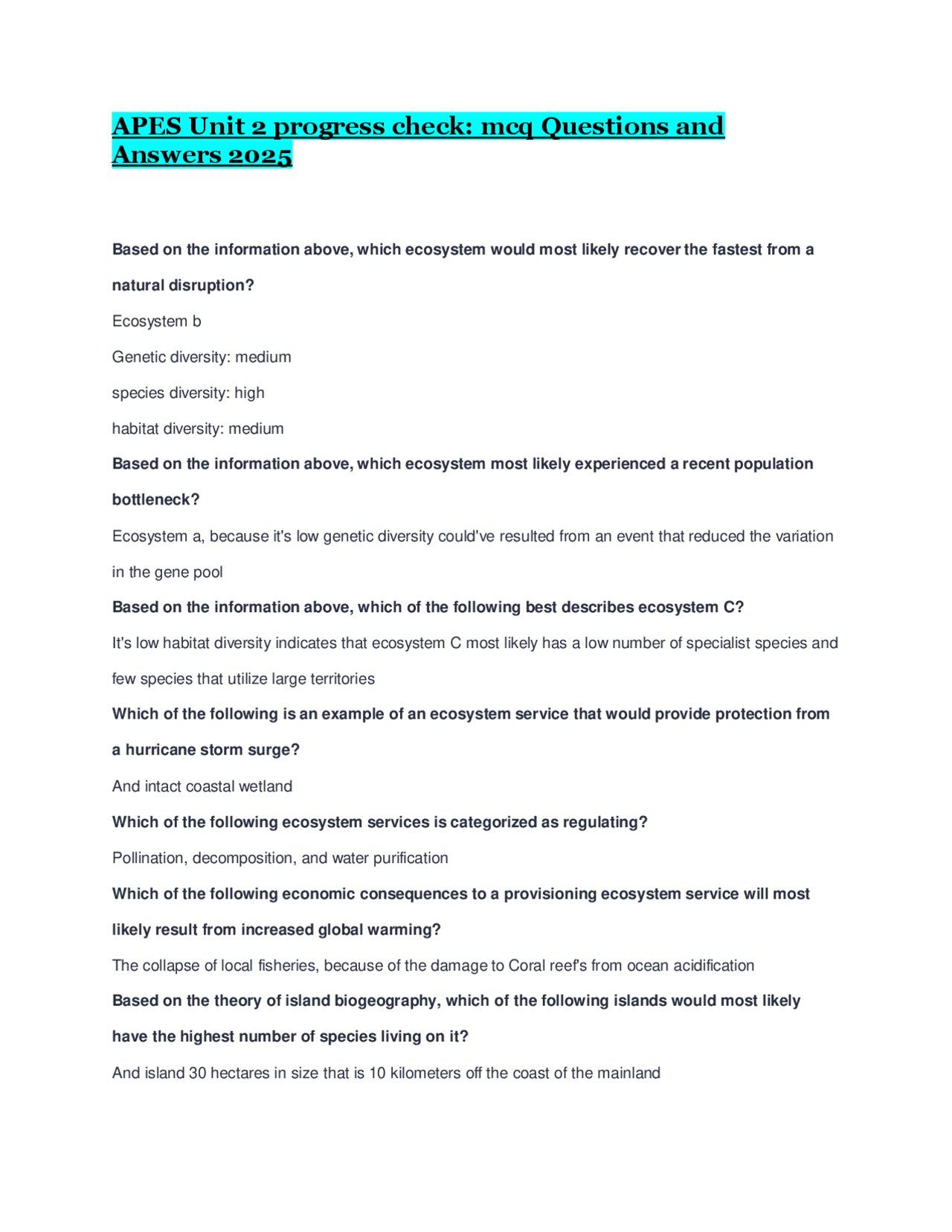 APES Unit 2 progress check: mcq Questions and Answers 2025 | Exams ...