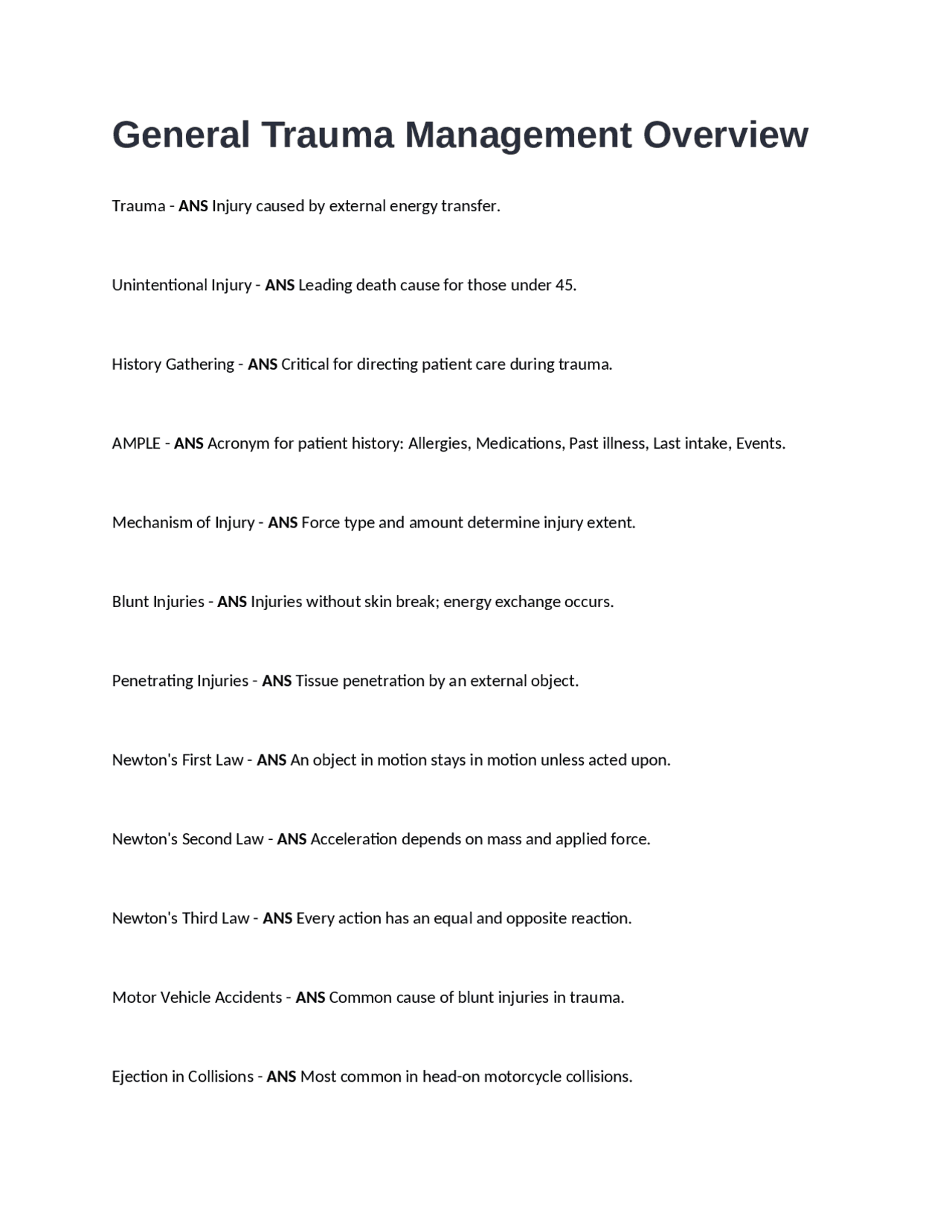General Trauma Management Overview | Exams Medicine | Docsity