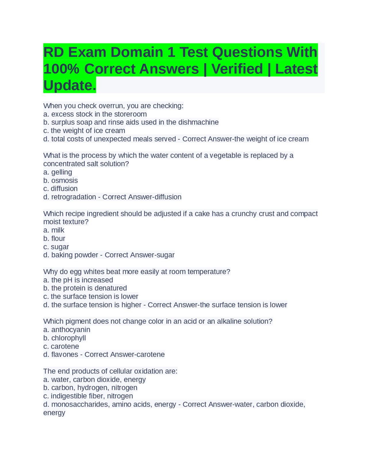 Food Science and Nutrition Concepts | Exams Advanced Education | Docsity