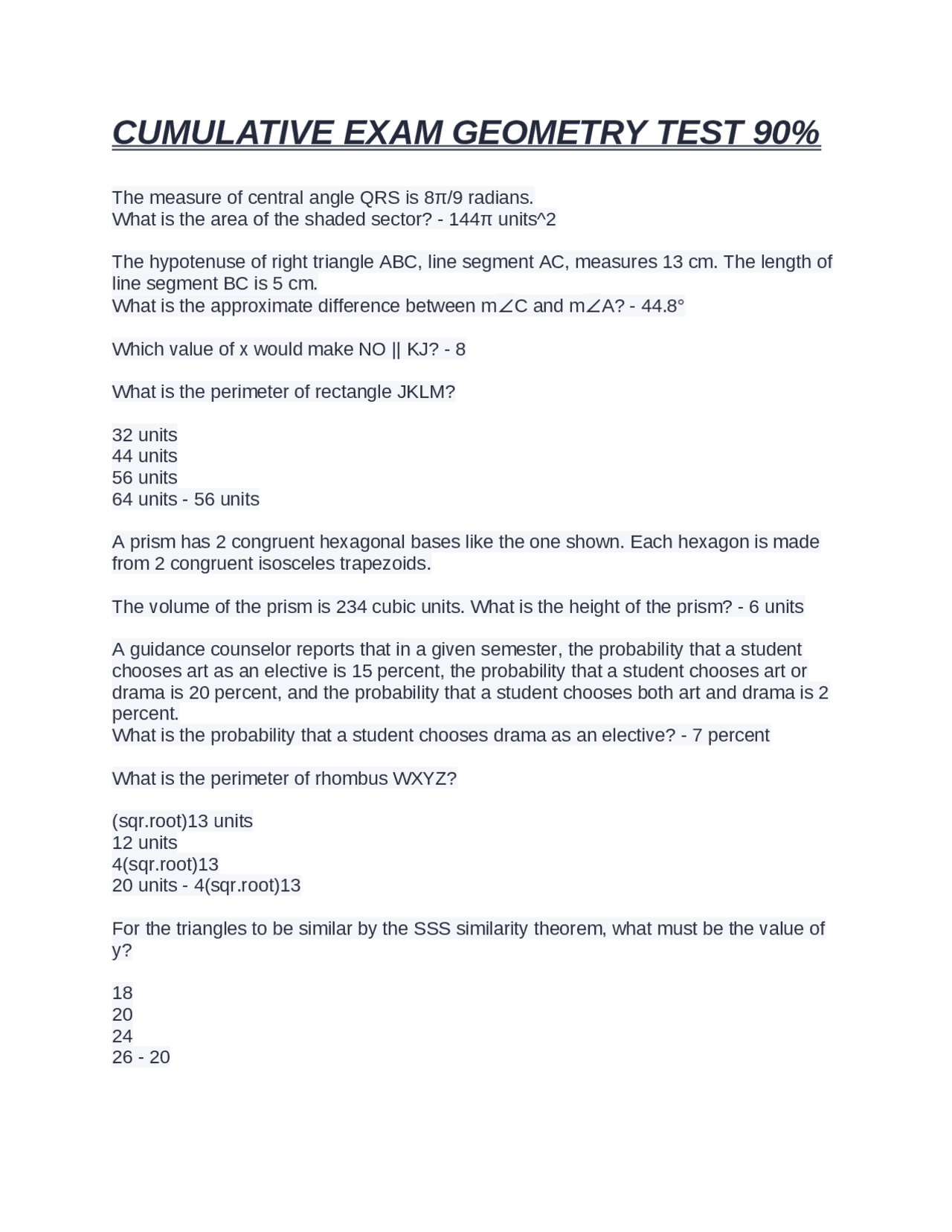 Cumulative Exam Geometry Test | Exams Advanced Education | Docsity