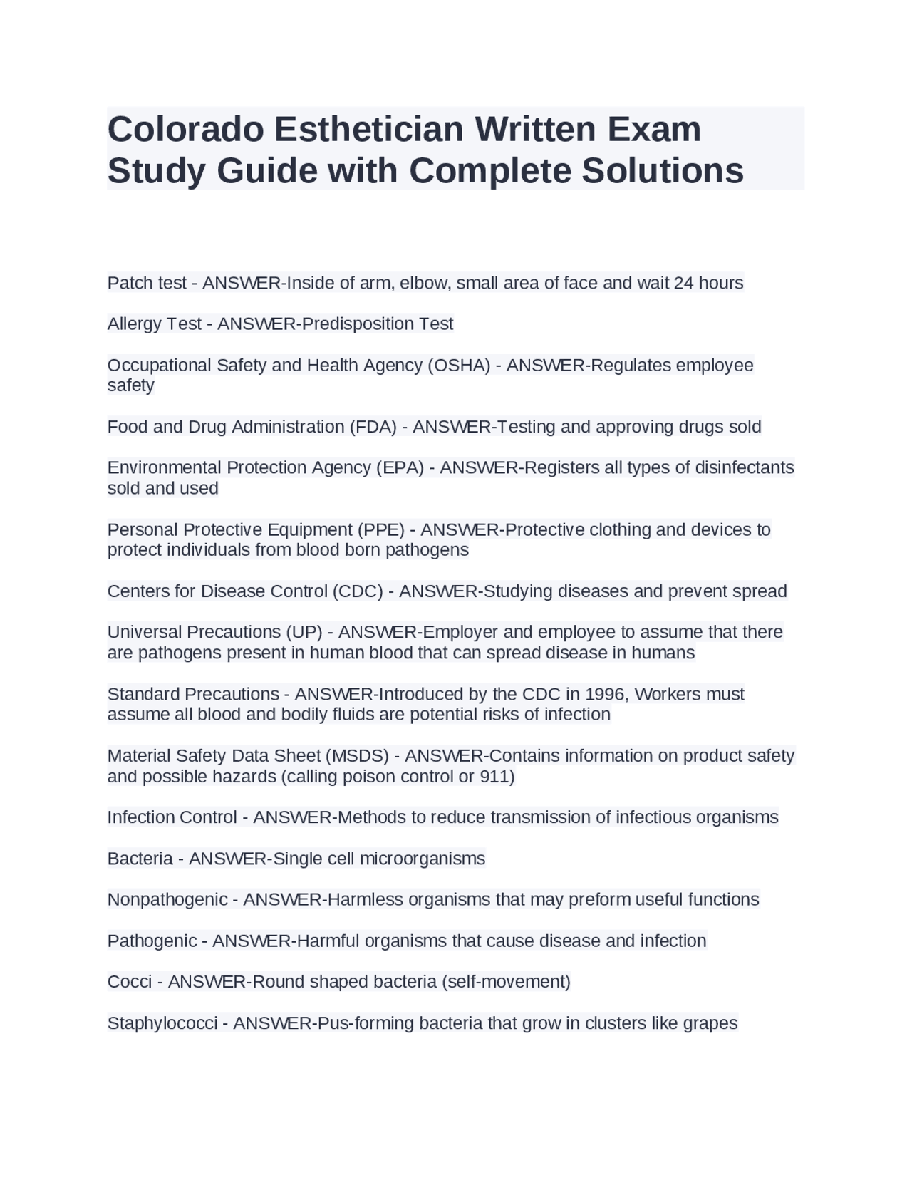 Colorado Esthetician Written Exam Study Guide with Complete Solutions ...