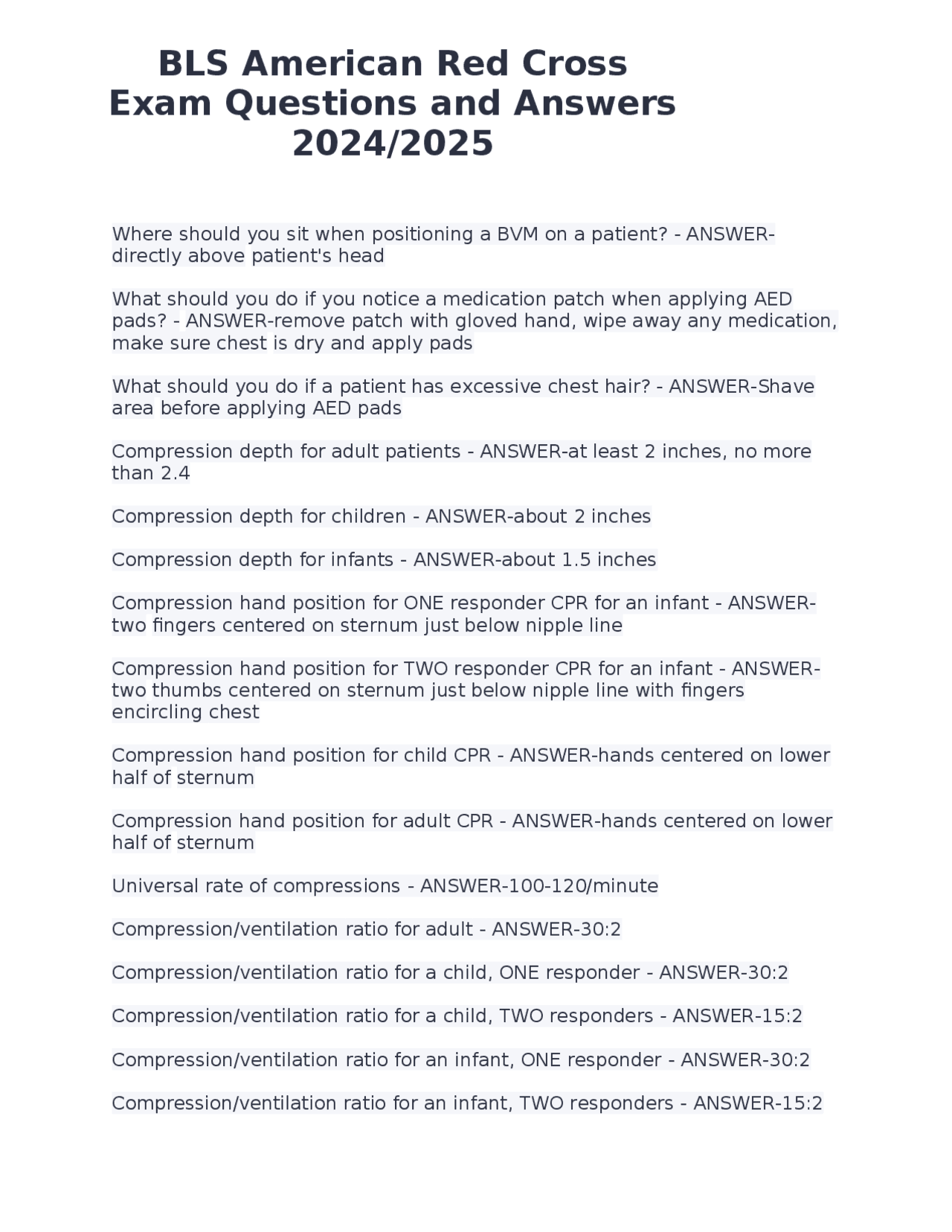 BLS American Red Cross Exam Questions and Answers | Exams Nursing | Docsity