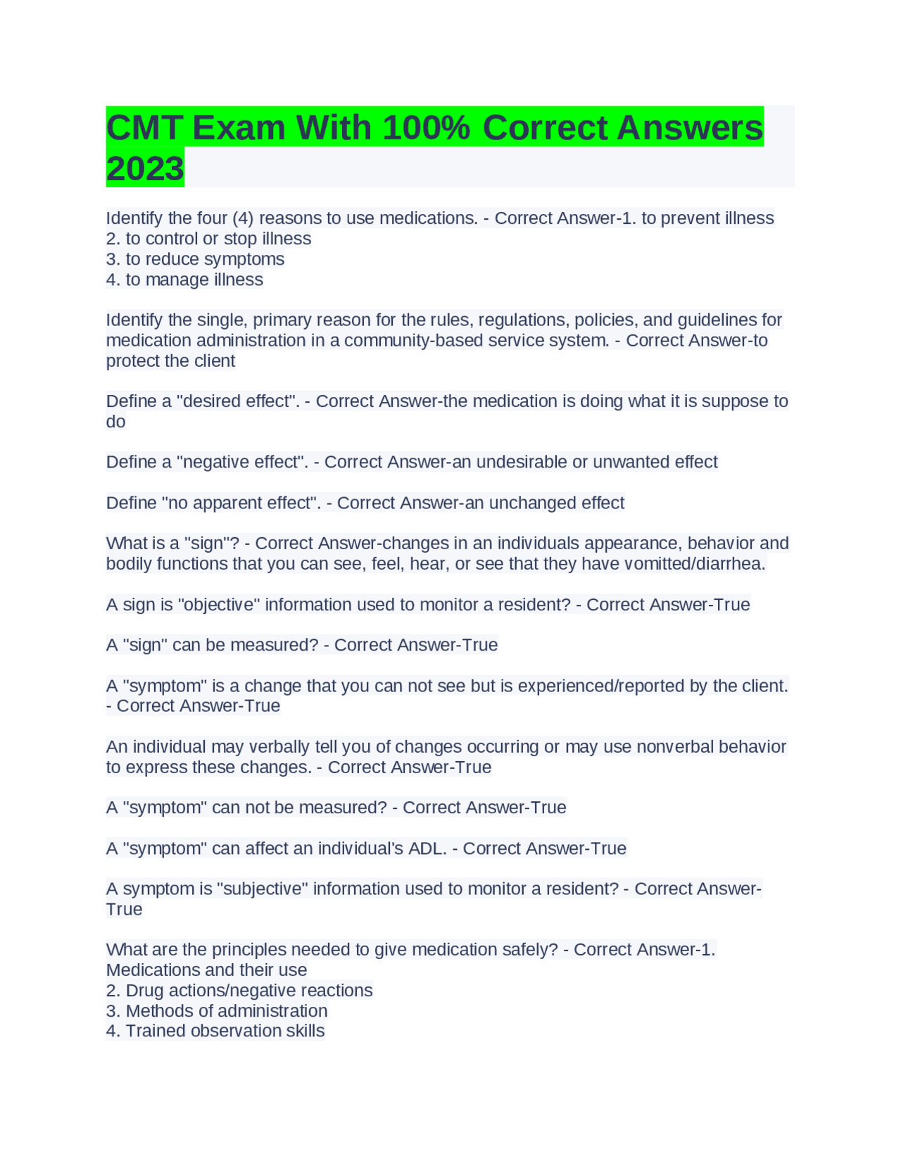 CMT Exam With 100% Correct Answers | Exams Advanced Education | Docsity