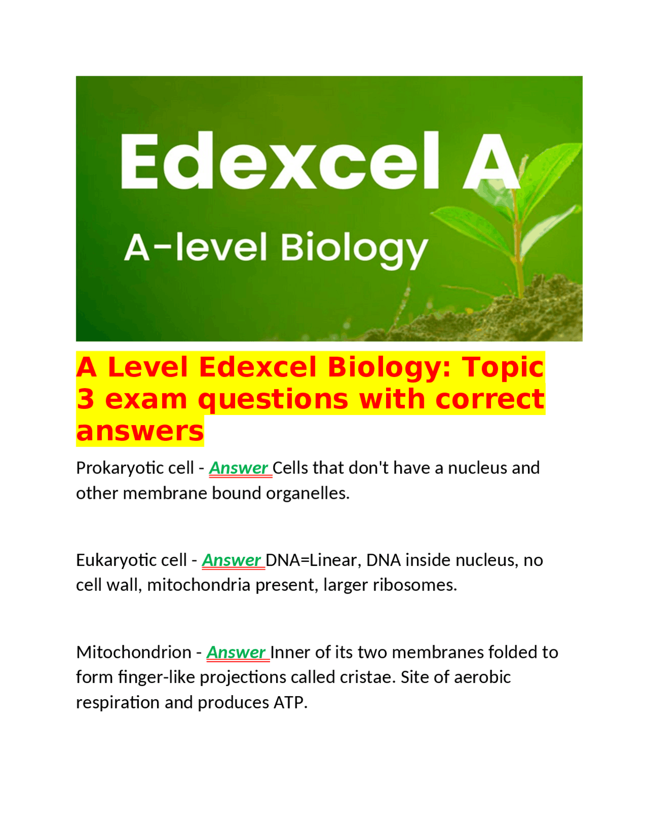 A Level Edexcel Biology: Topic 3 exam questions with correct answers ...