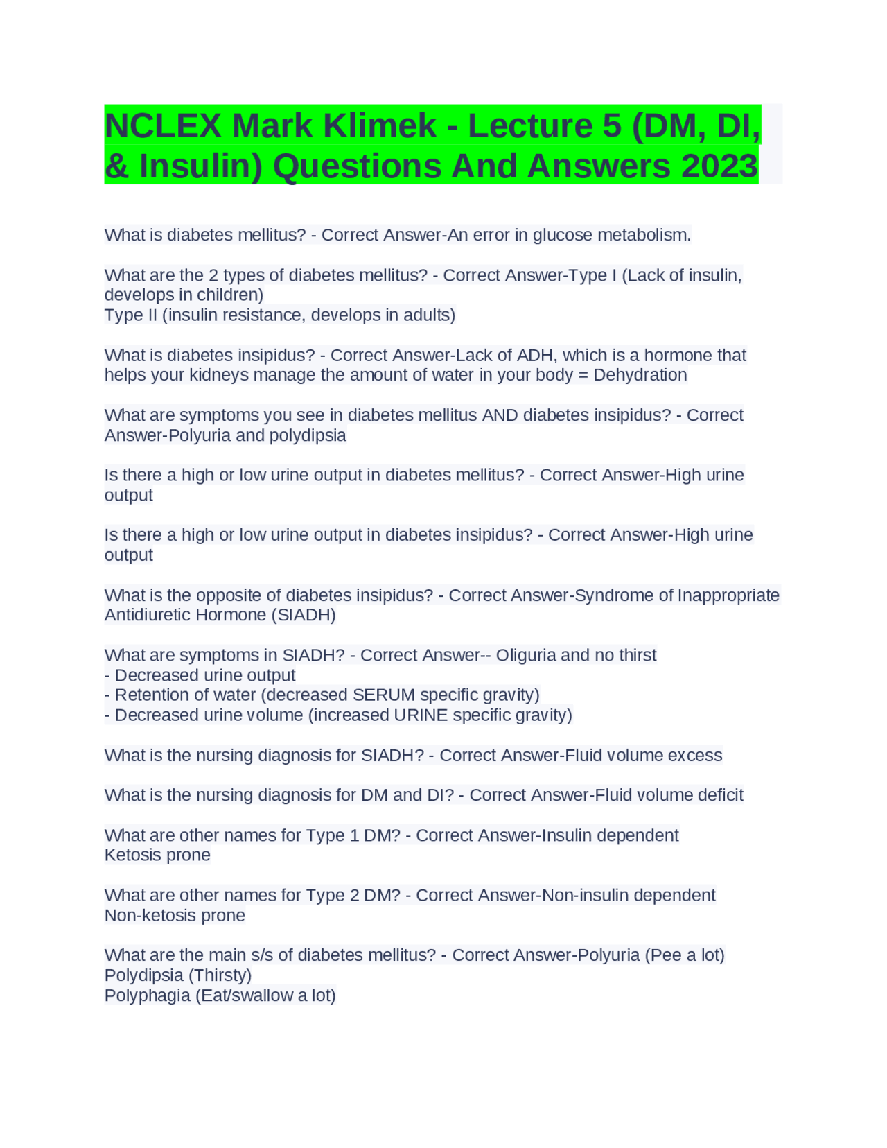 NCLEX Mark Klimek - Lecture 5 (DM, DI, & Insulin) Questions And Answers ...