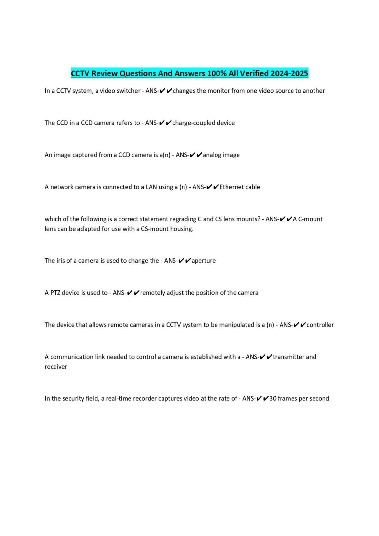 CCTV Review Questions And Answers 100% All Verified 2024-2025 | Exams ...