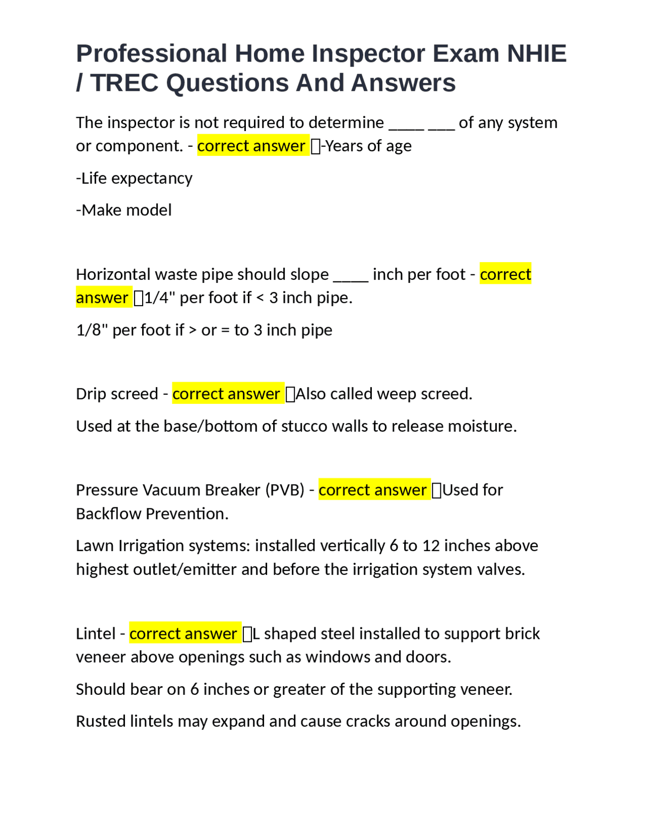 Professional Home Inspector Exam NHIE / TREC Questions And Answers ...