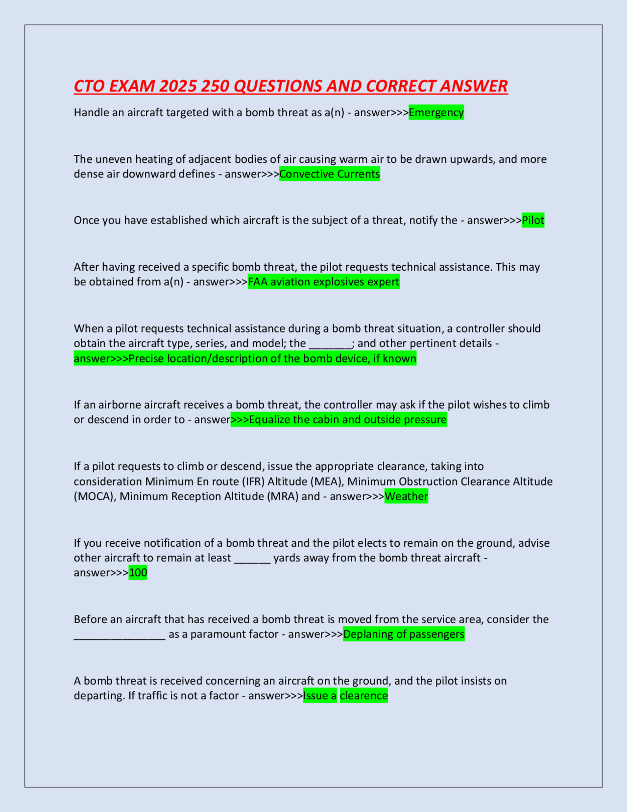 CTO EXAM 2025 250 QUESTIONS AND CORRECT ANSWER | Exams Personal Health | Docsity