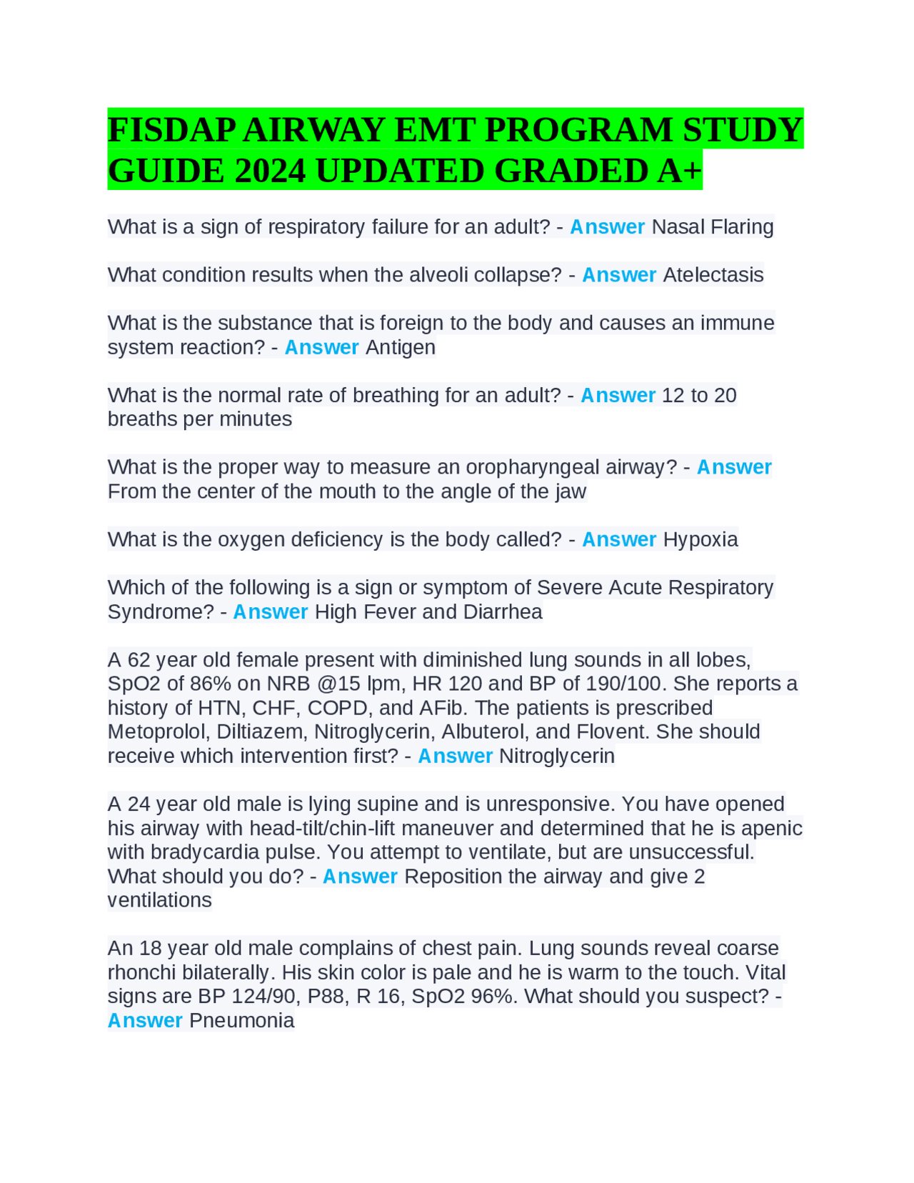 FISDAP AIRWAY EMT PROGRAM STUDY GUIDE 2024 | Exams Nursing | Docsity