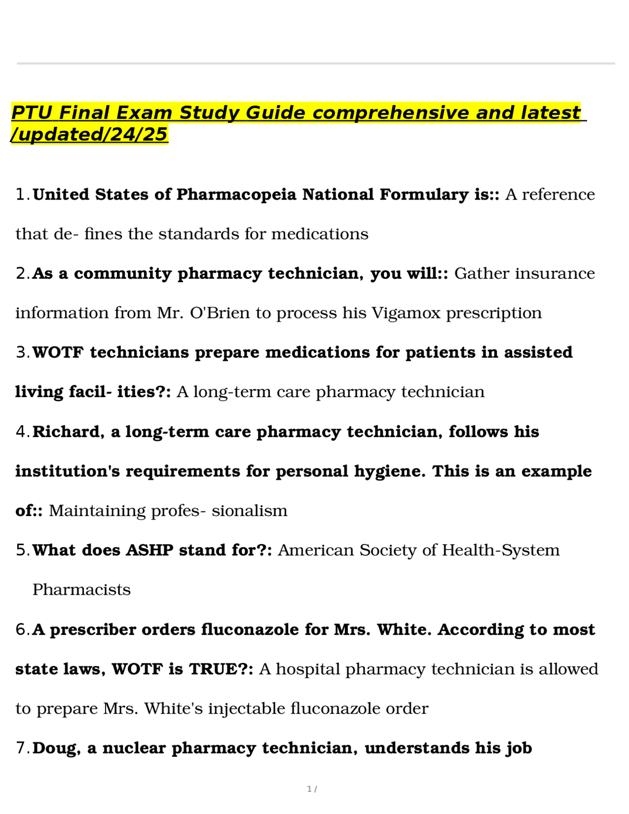 PTU Final Exam Study Guide comprehensive and latest /updated/24/25 ...