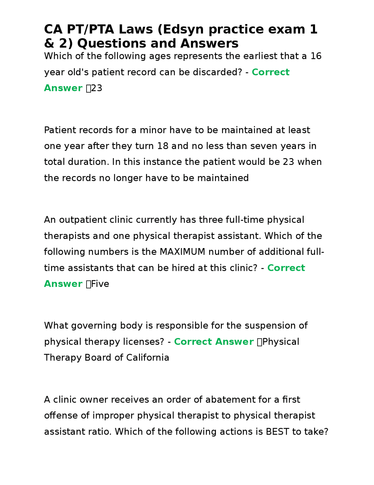CA PT/PTA Laws (Edsyn practice exam 1 & 2) Questions and Answers ...