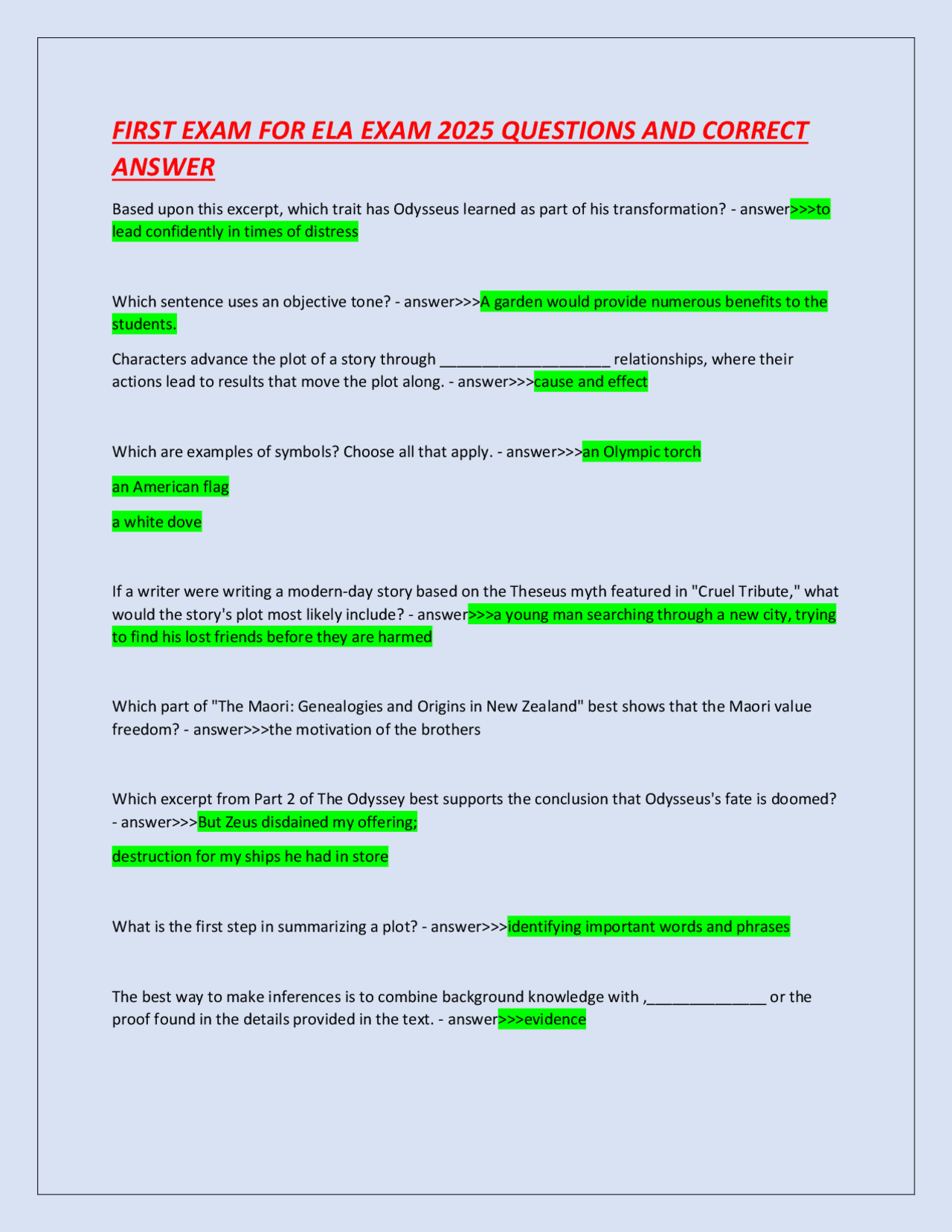 FIRST EXAM FOR ELA EXAM 2025 QUESTIONS AND CORRECT ANSWER | Exams ...