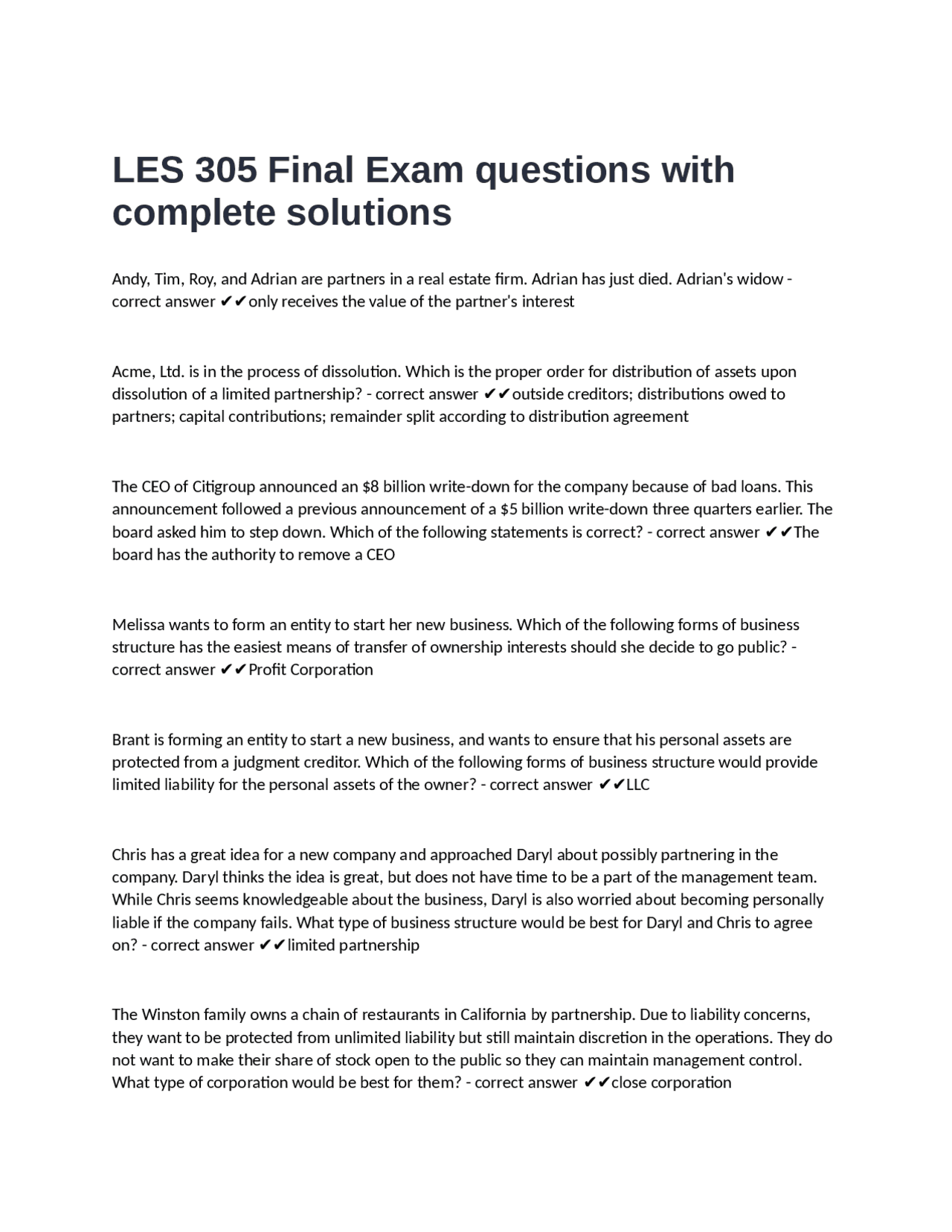 LES 305 Final Exam questions with complete solutions | Exams Nursing ...
