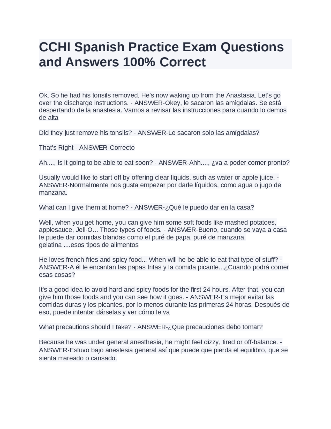CCHI Spanish Practice Exam Questions and Answers | Exams Health ...