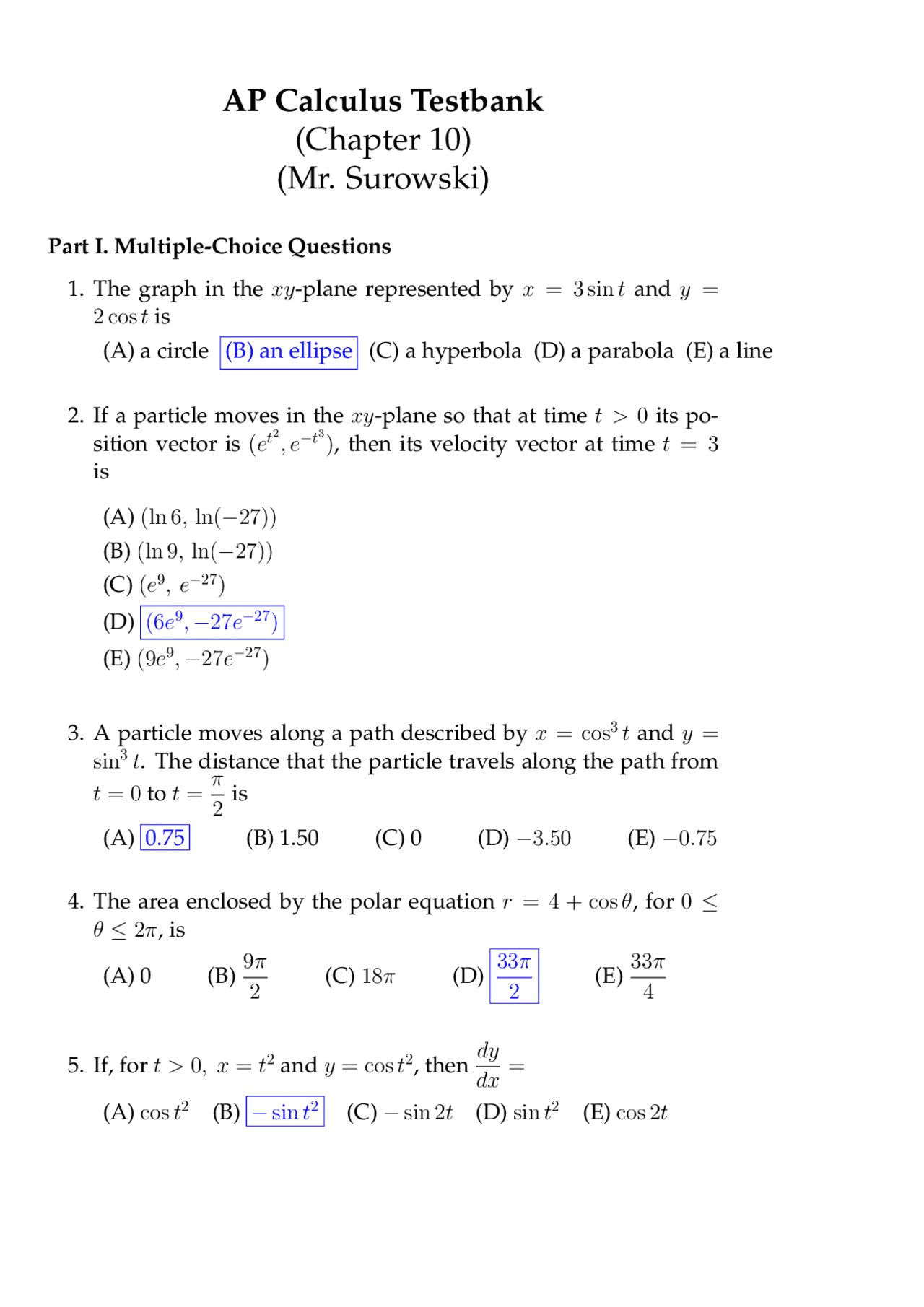 AP Calculus Chapter 10 Test Bank Mr. Surowski | Exams Advanced Calculus ...