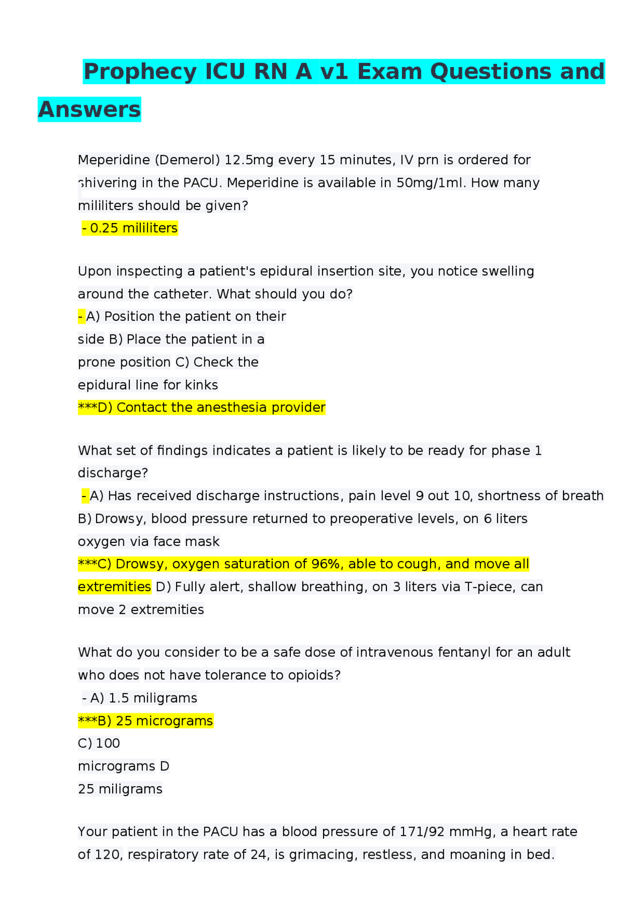 Prophecy ICU RN A v1 Exam Questions and Answers | Exams Nursing | Docsity