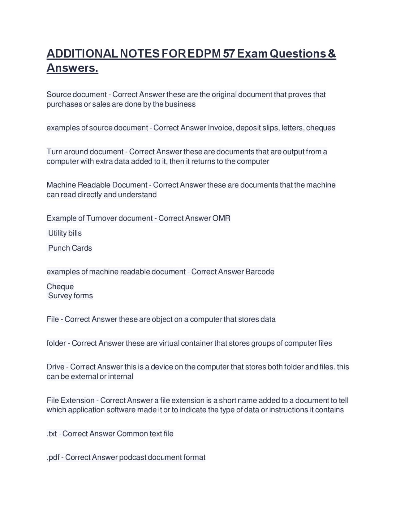 ADDITIONAL NOTES FOR EDPM 57 Exam Questions & Answers. | Exams Theory ...