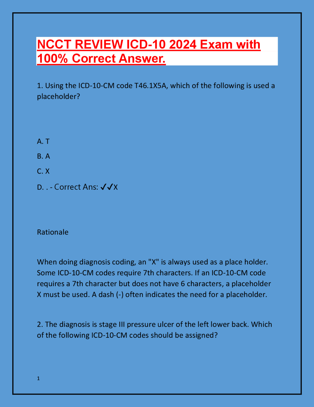 NCCT REVIEW ICD-10 2024 Exam with 100% Correct Answer. | Exams Nursing ...