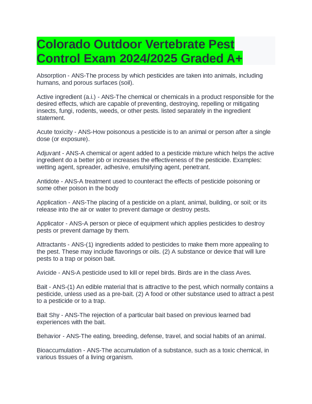 Colorado Outdoor Vertebrate Pest Control Exam 2024/2025 | Exams ...
