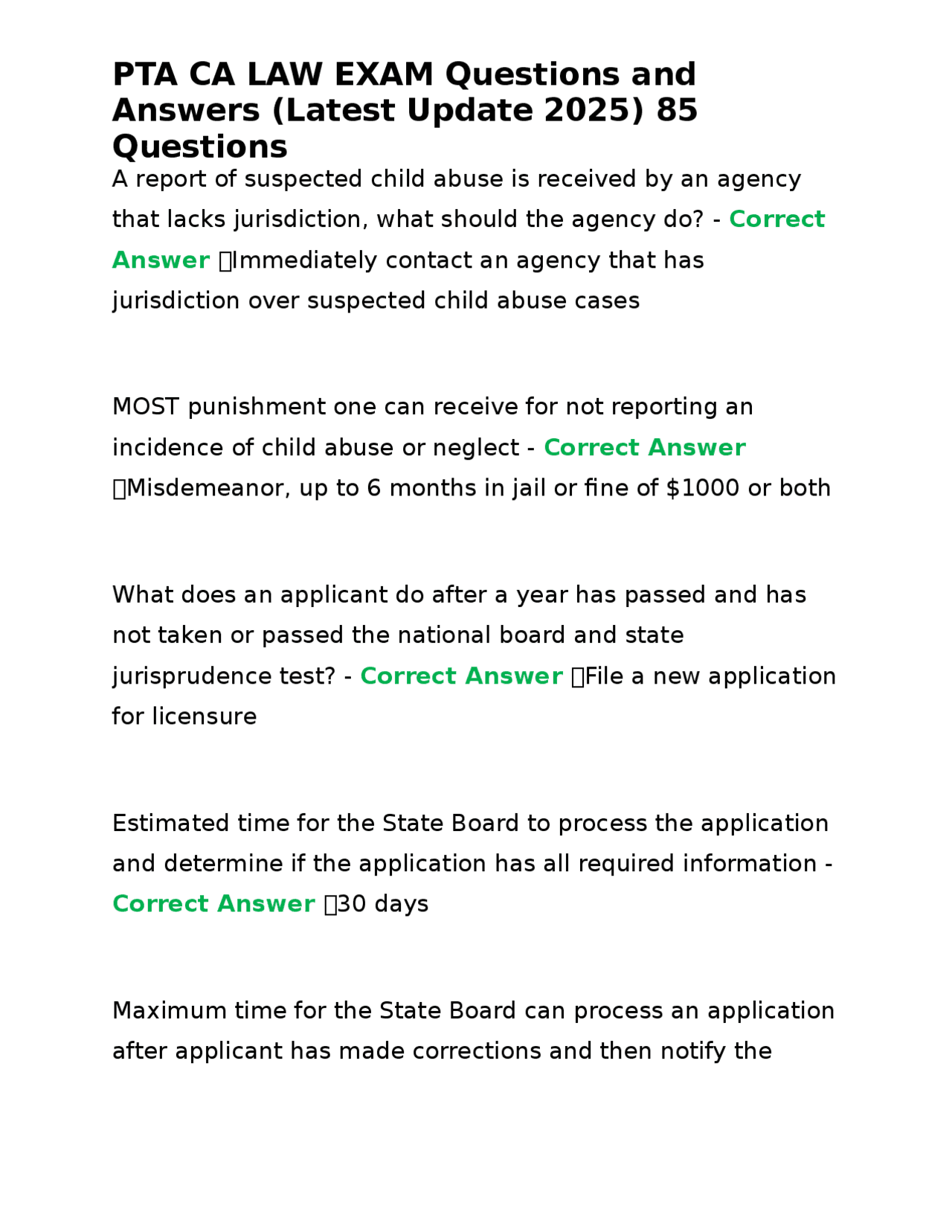 PTA CA LAW EXAM Questions and Answers (Latest Update 2025) 85 Questions ...