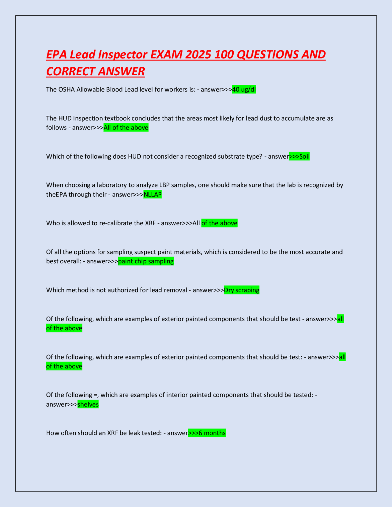 EPA Lead Inspector EXAM 2025 - 100 Questions and Answers | Exams Public Health | Docsity