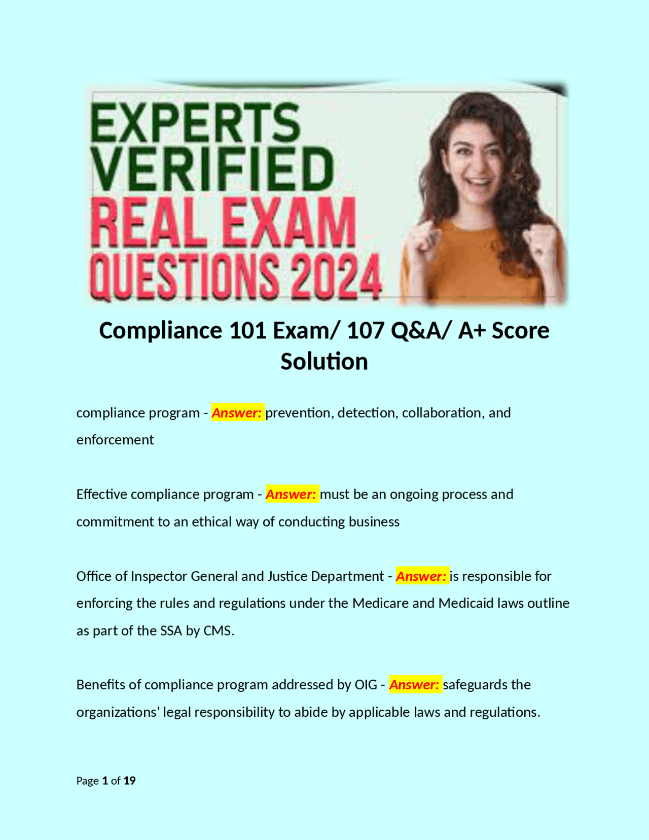 Compliance 101 Exam/ 107 Q&A/ A+ Score | Exams Nursing | Docsity