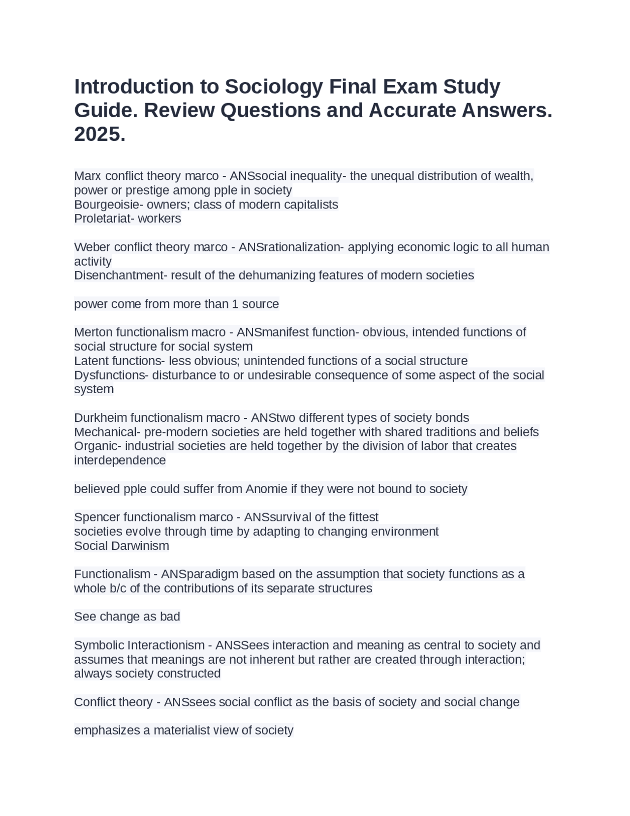 Introduction to Sociology Final Exam Study Guide. Review Questions and ...