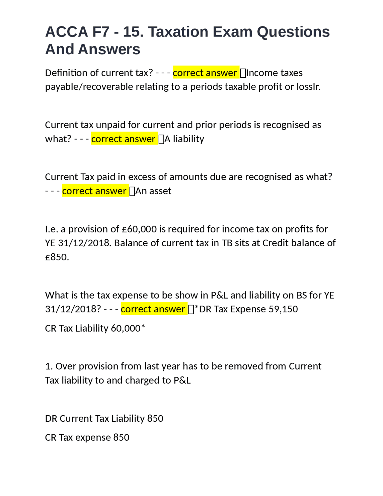 ACCA F7 - 15. Taxation Exam Questions and Answers | Exams Accounting ...