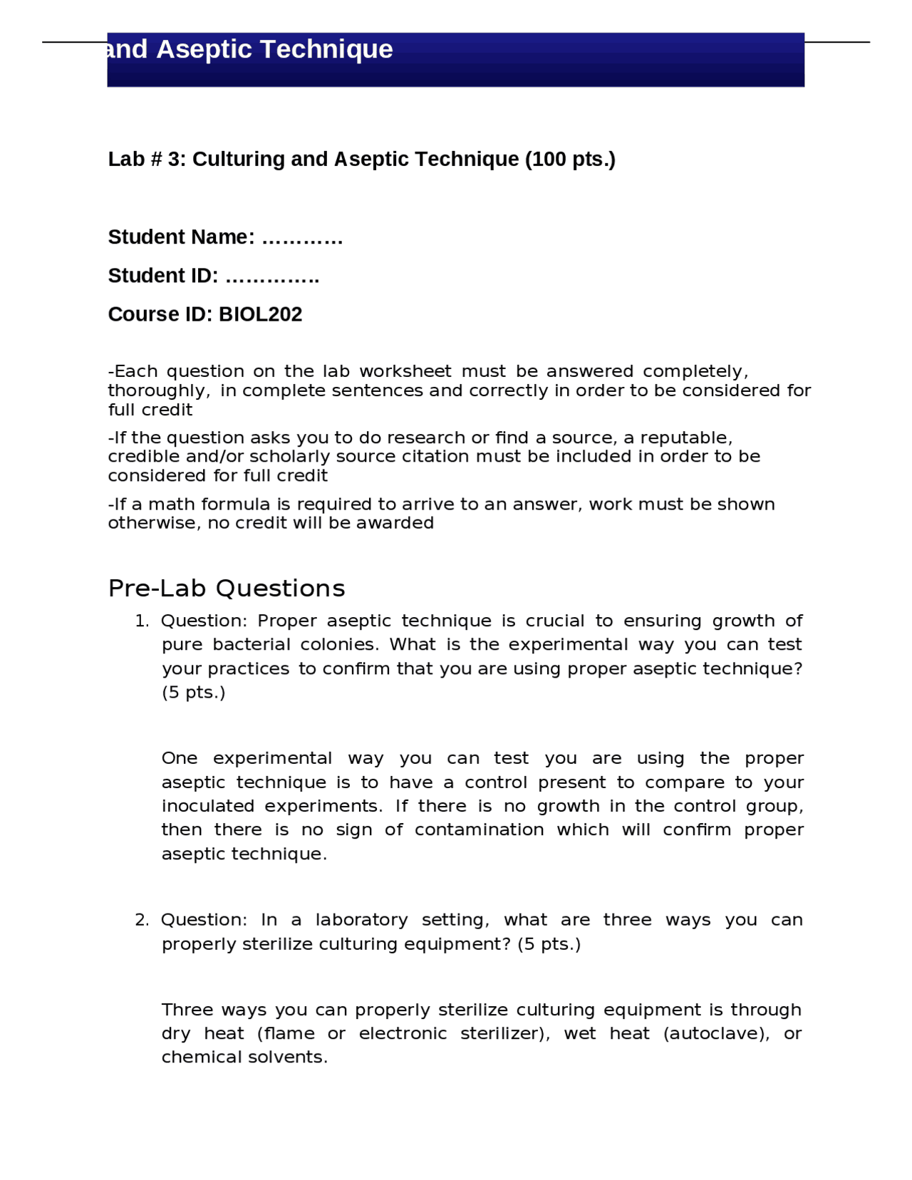 BIOL 202 Week 3 Lab 3 Culturing and Aseptic Technique 2024/2025 | Lab Reports Biology | Docsity