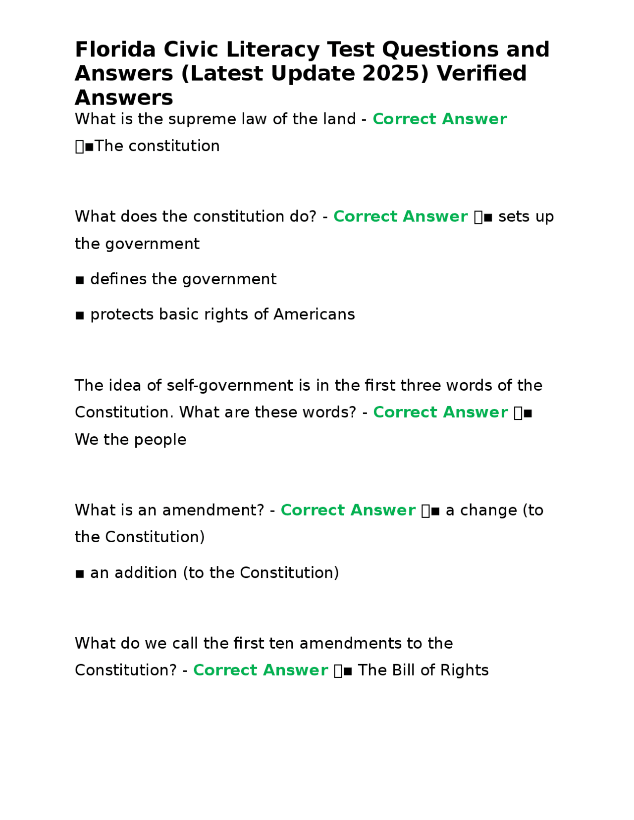 Florida Civic Literacy Test Questions and Answers (Latest Update 2025 ...