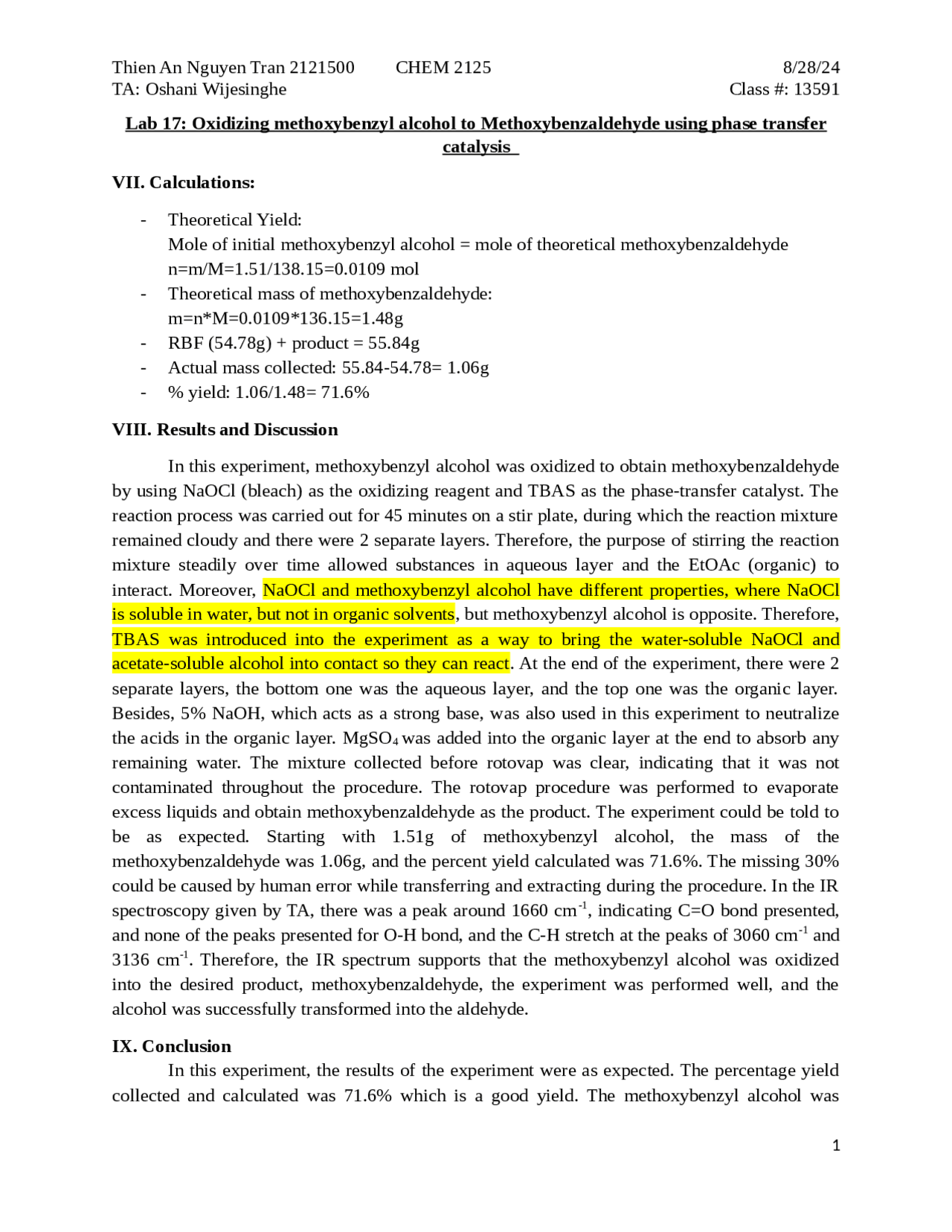 LAB REPORT 1 orgo lab 2125 | Study notes Chemistry | Docsity