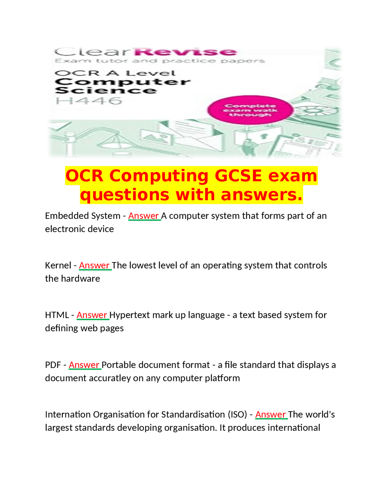 OCR Computing GCSE Exam Questions with Answers | Exams Nursing | Docsity