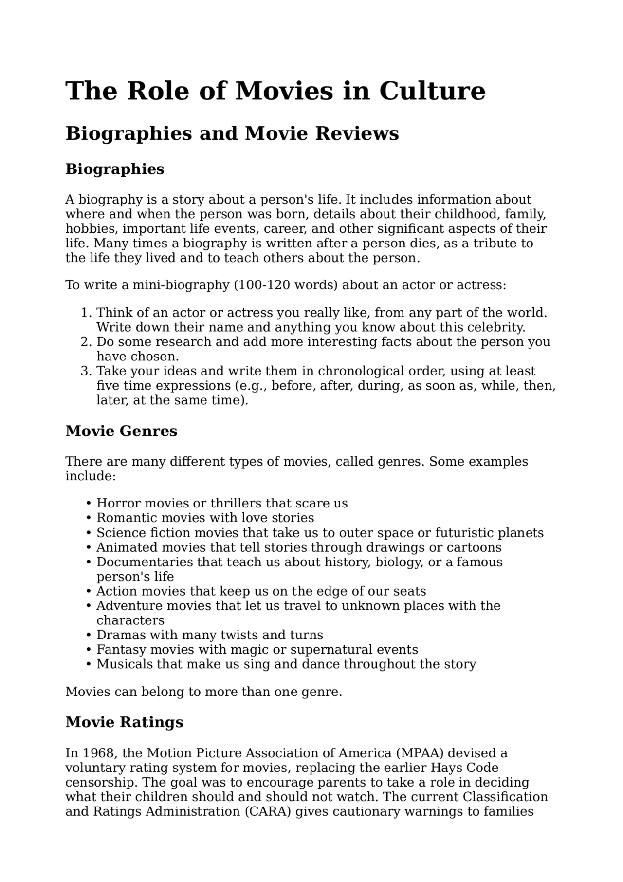 The Role of Movies in Culture: An Introduction to Film Genres, Ratings ...