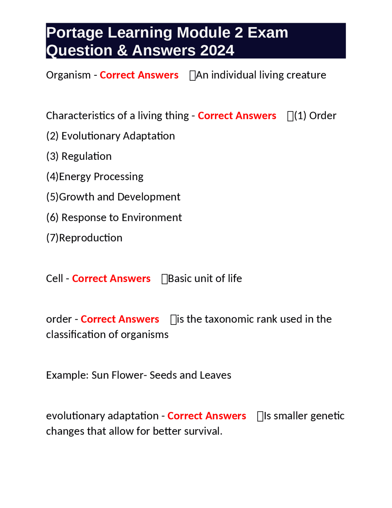Portage Learning Module 2 Exam: Organism and Biological Organization ...